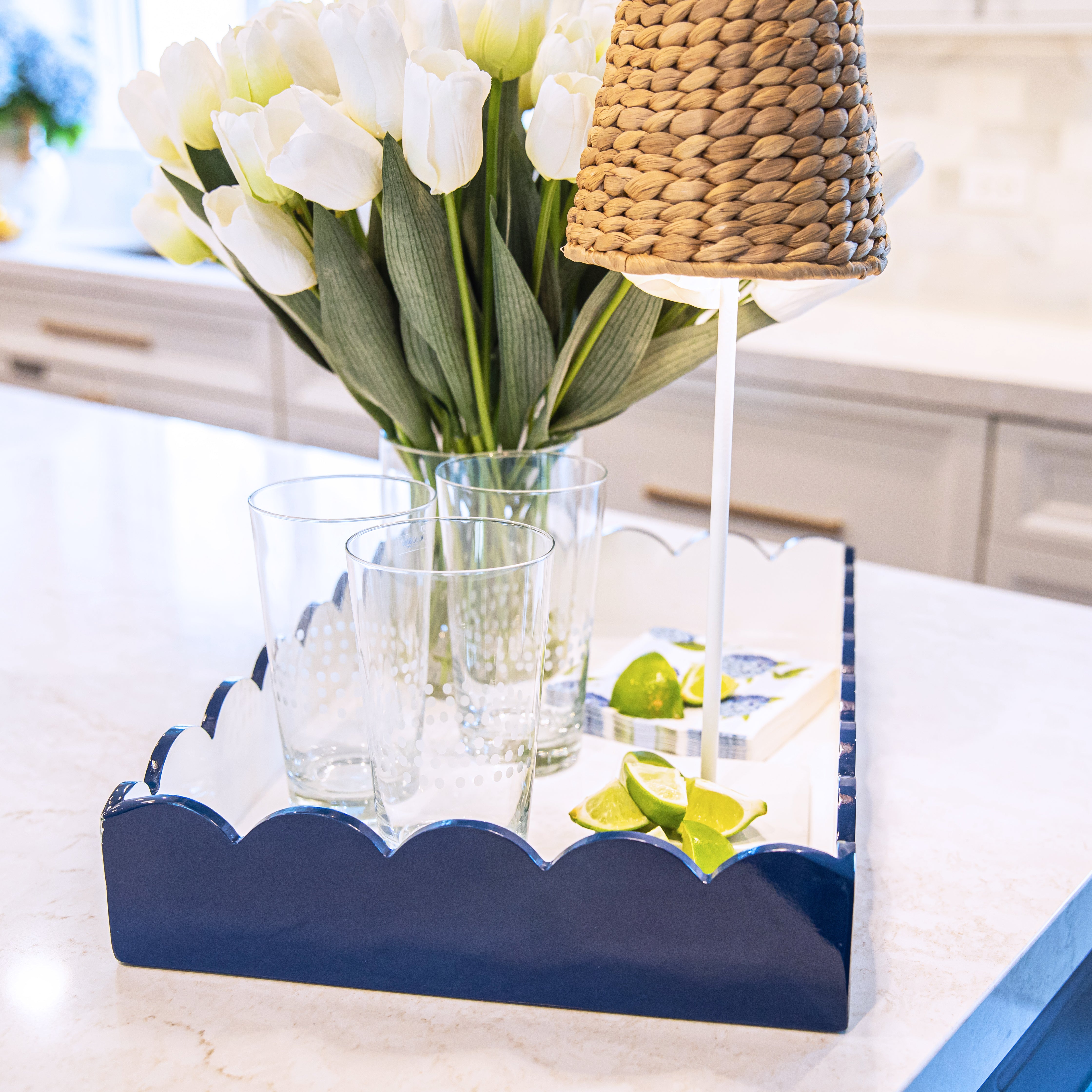 Navy Blue + White Scalloped Lacquer Tray - WH Hostess Social Stationery