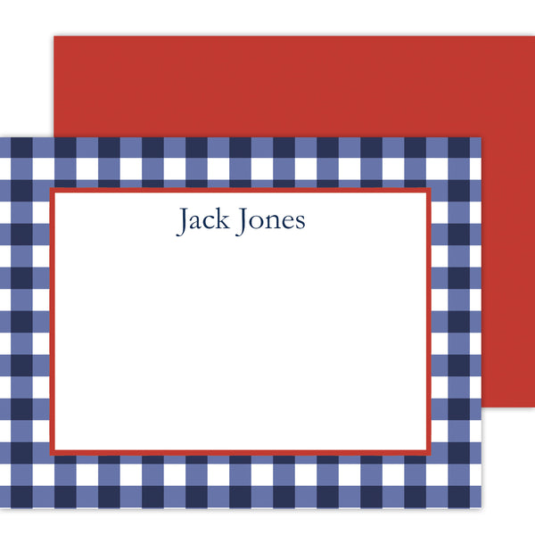 Navy Blue Gingham Check Personalized Flat Notecards - WH Hostess Social ...