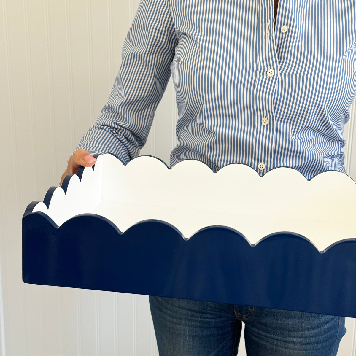Navy Blue + White Scalloped Lacquer Tray - WH Hostess Social Stationery