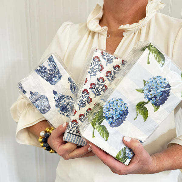 WH Paper Guest Towels | Hydrangeas Stripe - WH Hostess Social Stationery