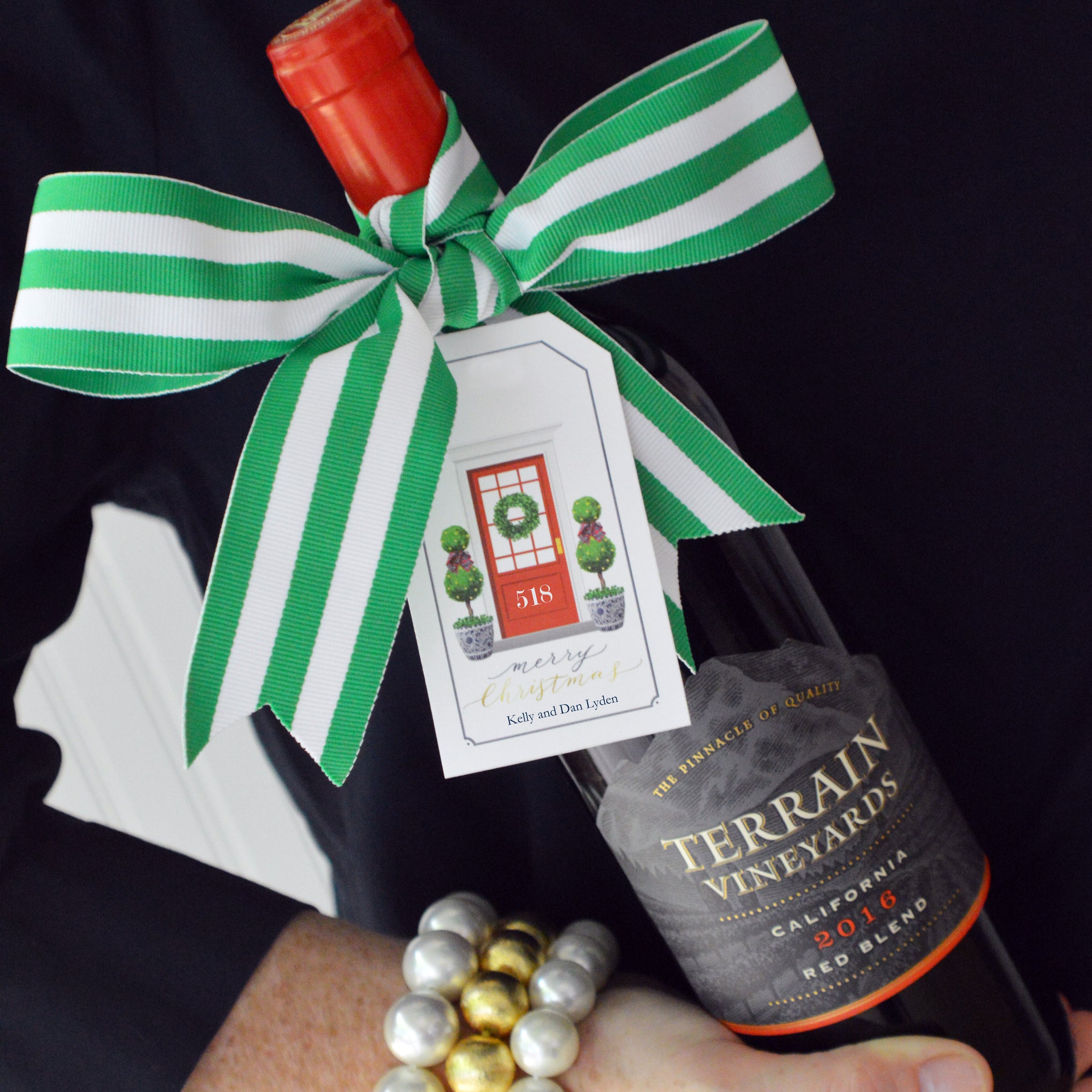 Christmas Front Door with Topiary Trees Personalized Holiday Gift Tags ...