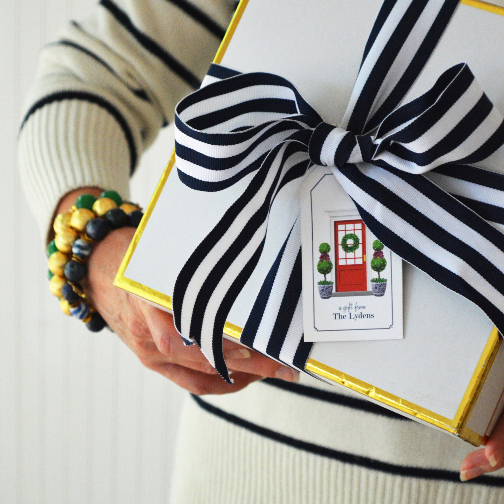 Christmas Front Door with Topiary Trees Personalized Holiday Gift Tags ...